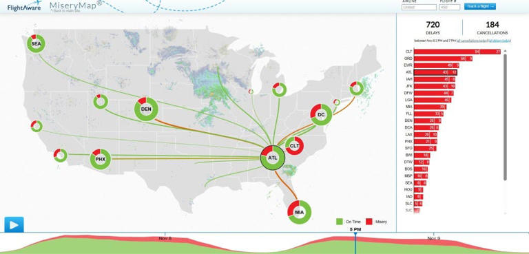 Flight delay "misery maps" show most impacted airports