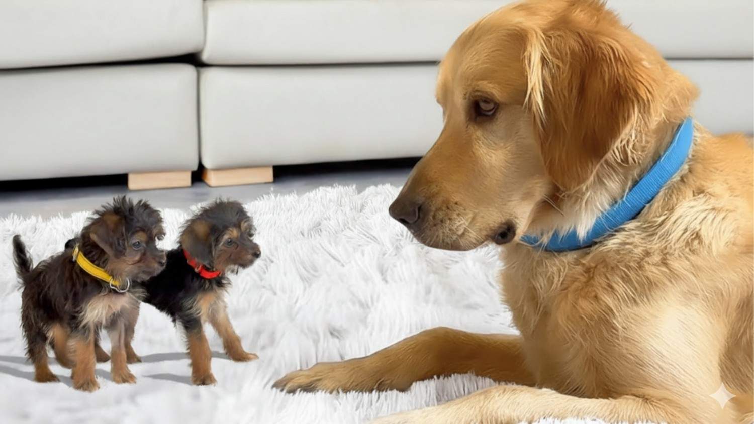 Golden Retriever Meets the Most Tiny Rescue Puppies for the First Time