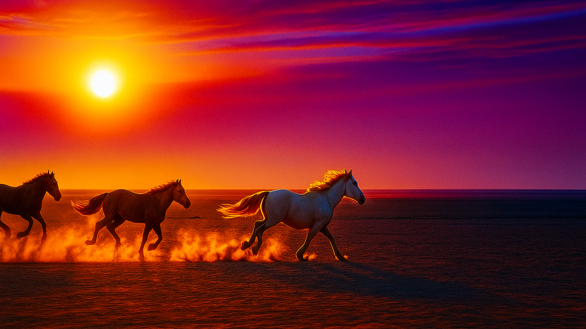 De paarden die galopperen in de ondergaande zon