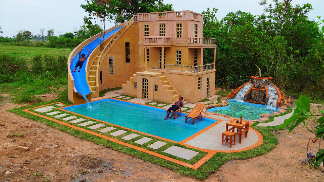 Building a creative 3-story mud villa with a water slide, pool ...
