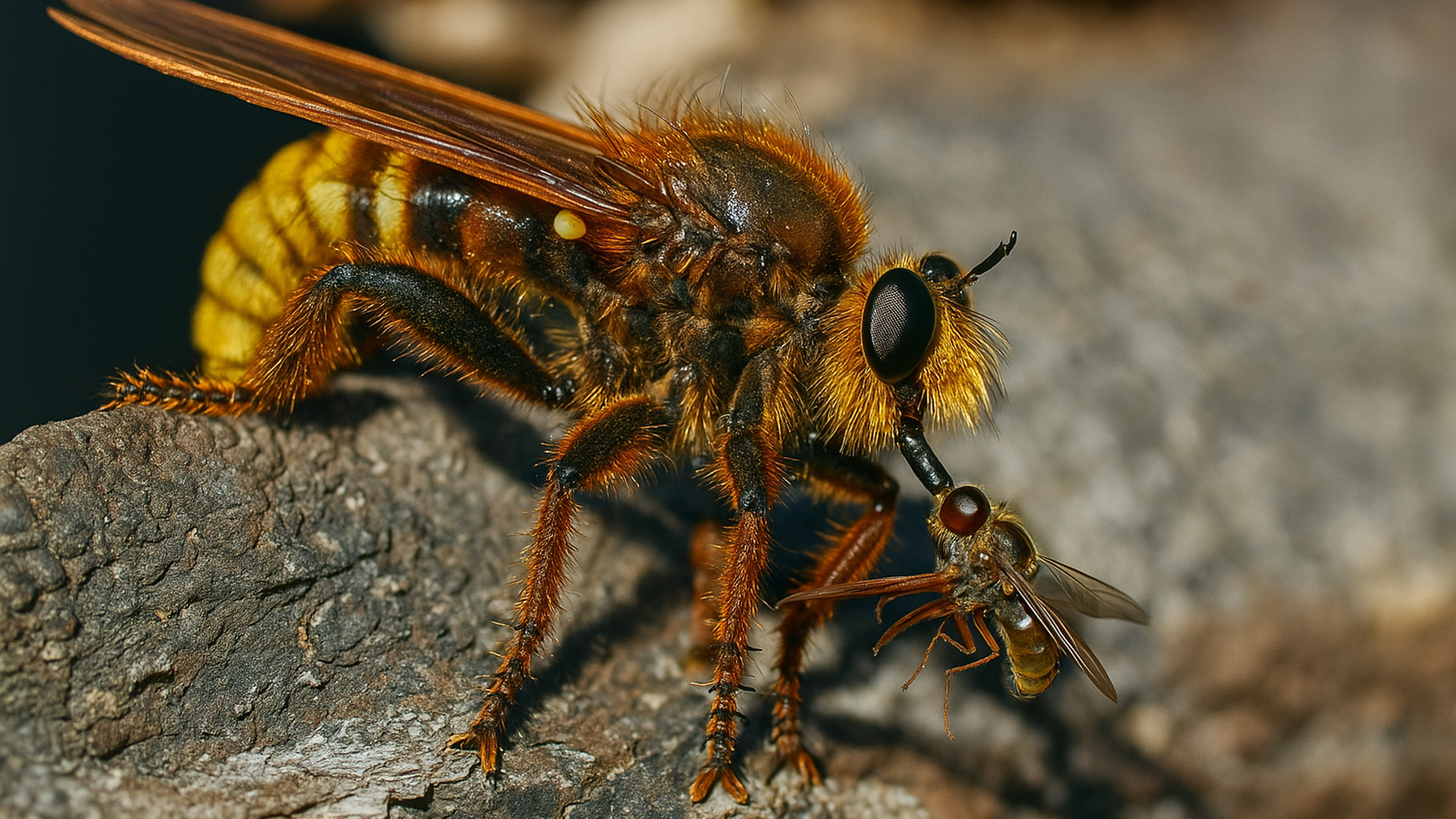 Laphria aurea: il predatore peloso in azione