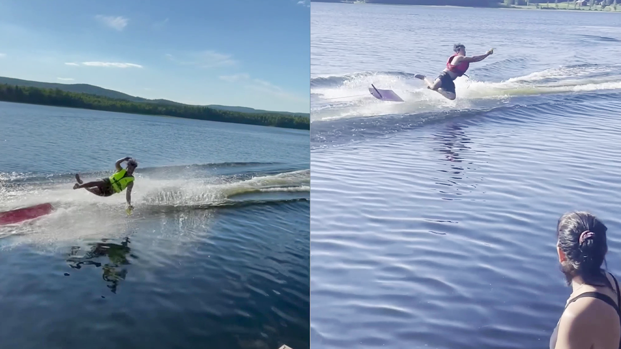 Family tries to catch a frisbee while riding on a boogie board *THEY ...