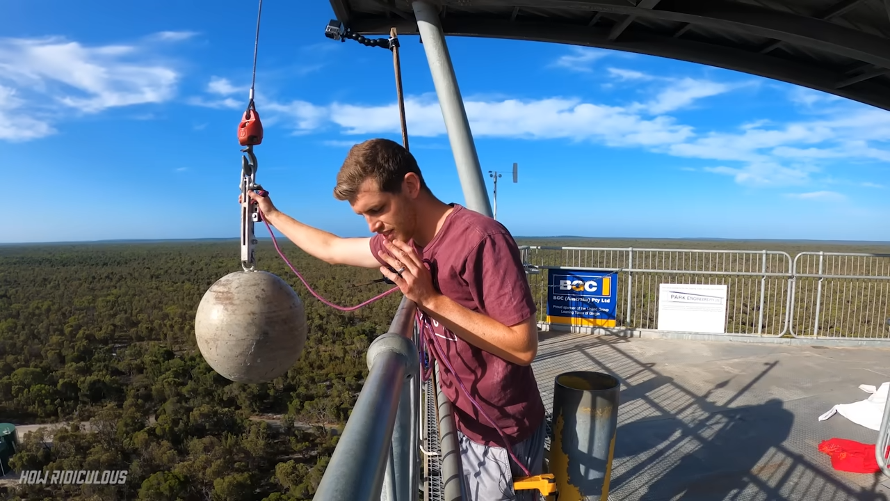 Wrecking ball dropped 45m onto the world’s strongest trampoline