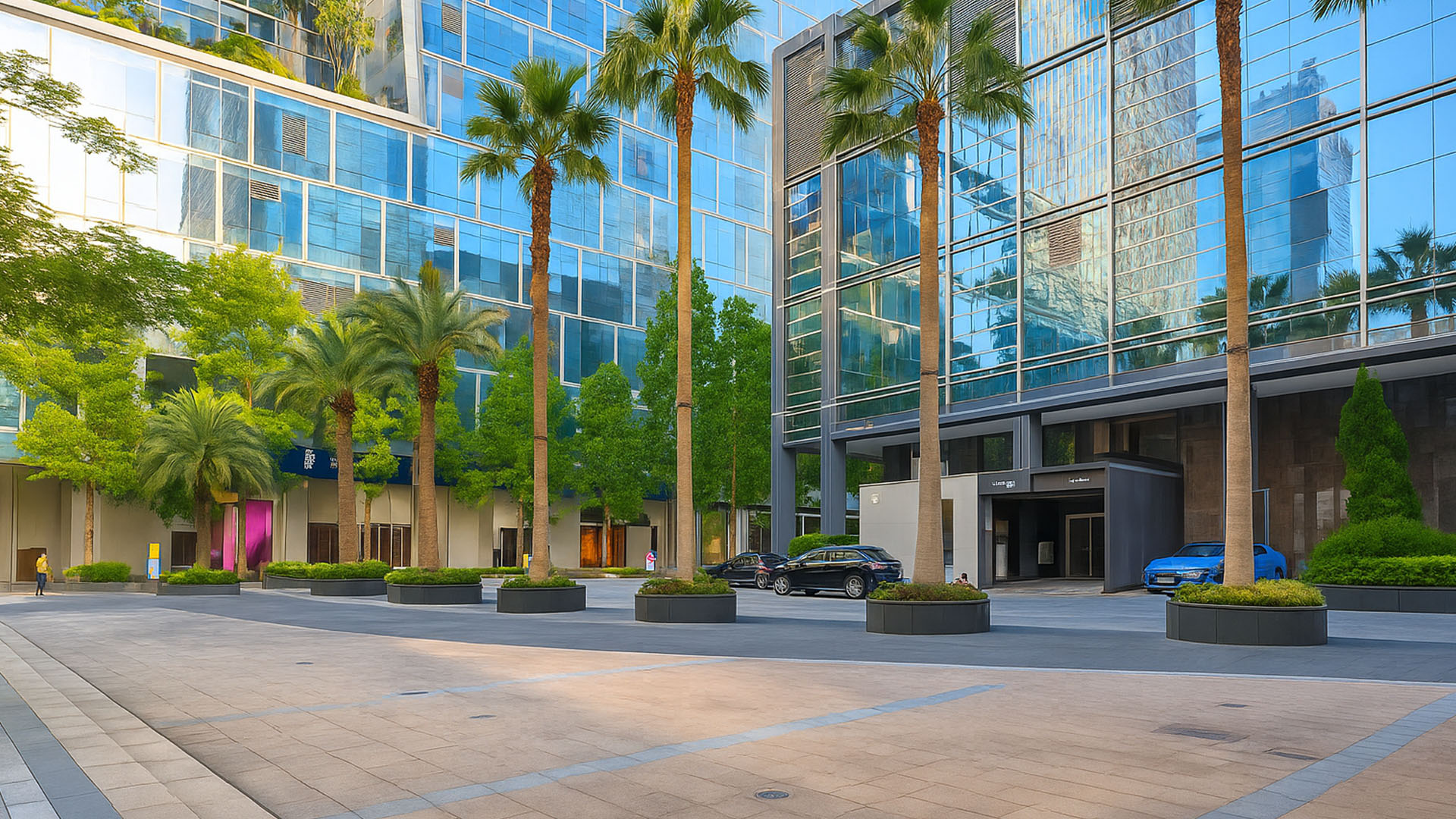 City Reflection and Palm Trees in Shenzhen