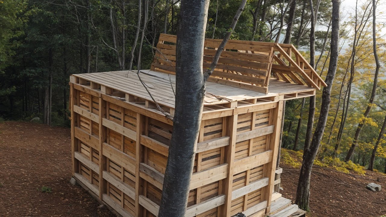 Beginning of cabin construction from pallets, one in the forest