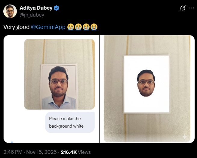 Gemini AI's response to man's prompt for white background in his pic ...