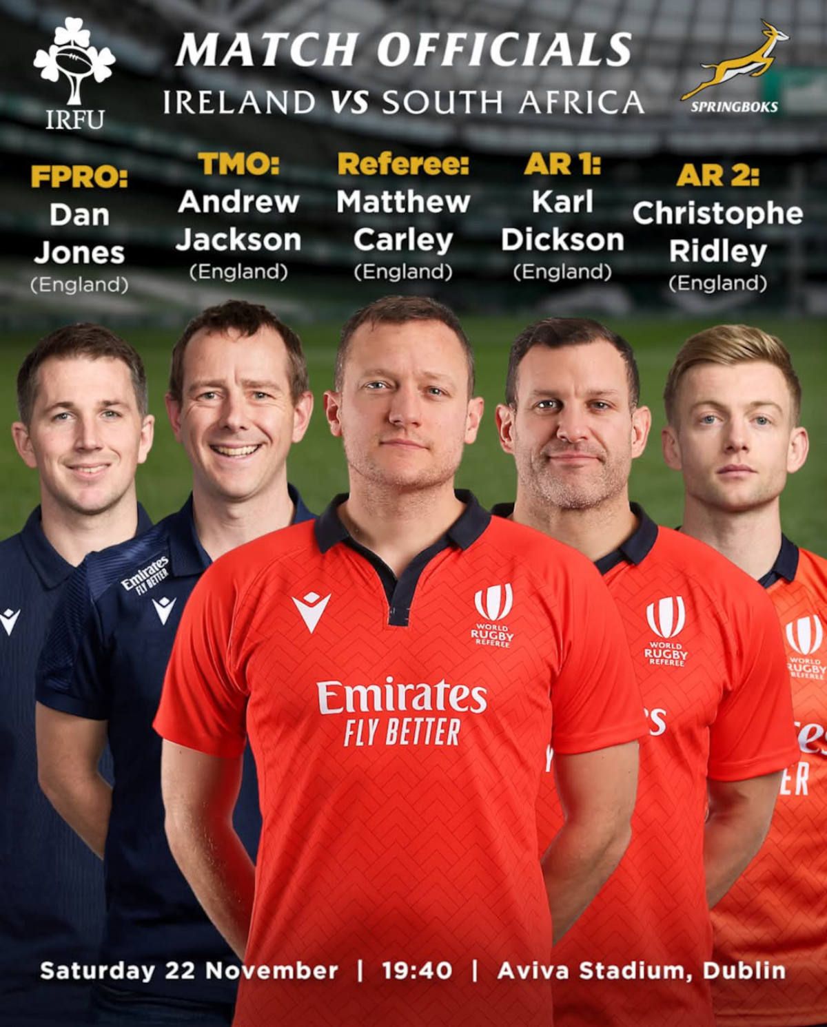 England match officials to handle Ireland vs Springboks Test in Dublin