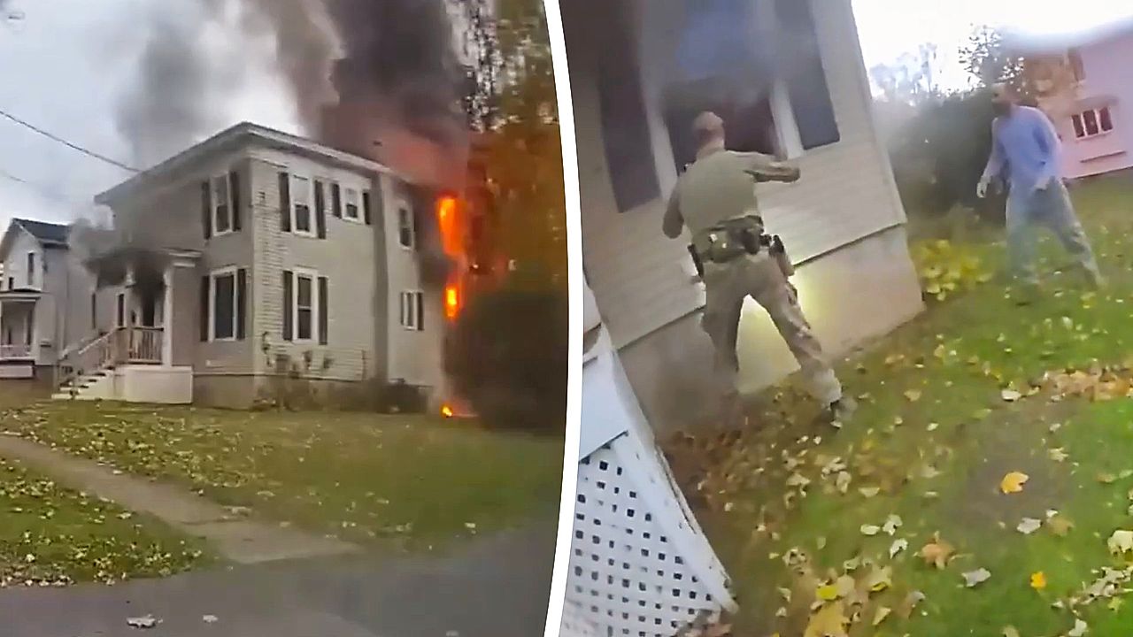 Hero officers pull trapped man from burning home in New York