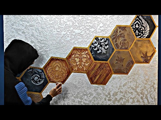 DIY textured hexagon wall art with cracked gold leaf effect | Step-by ...