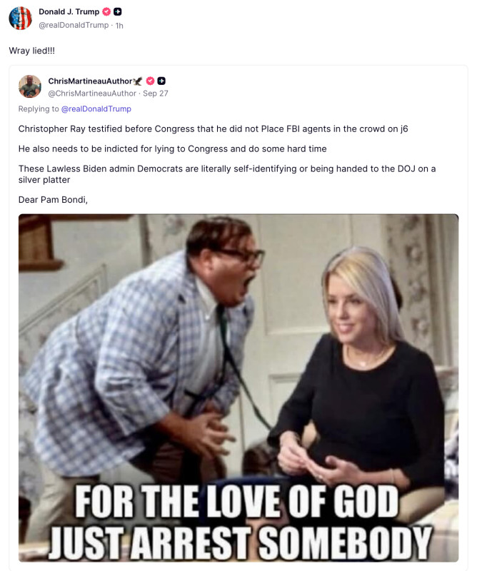 Trump Boosts Meme Yelling at Pam Bondi to Arrest Opponents