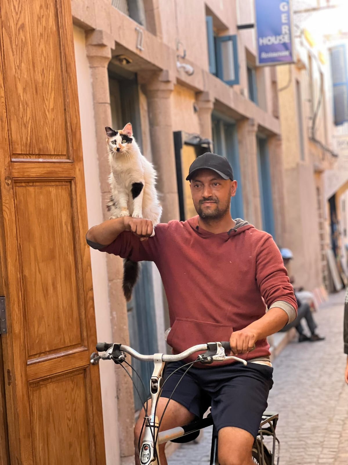 Supercats in Essaouira : The man with shoulder-riding cats