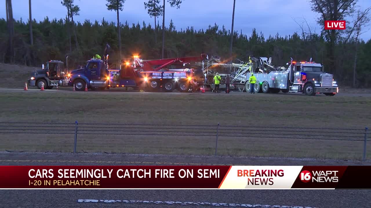 Several cars on semitrailer catch fire on I-20 near Pelahatchie