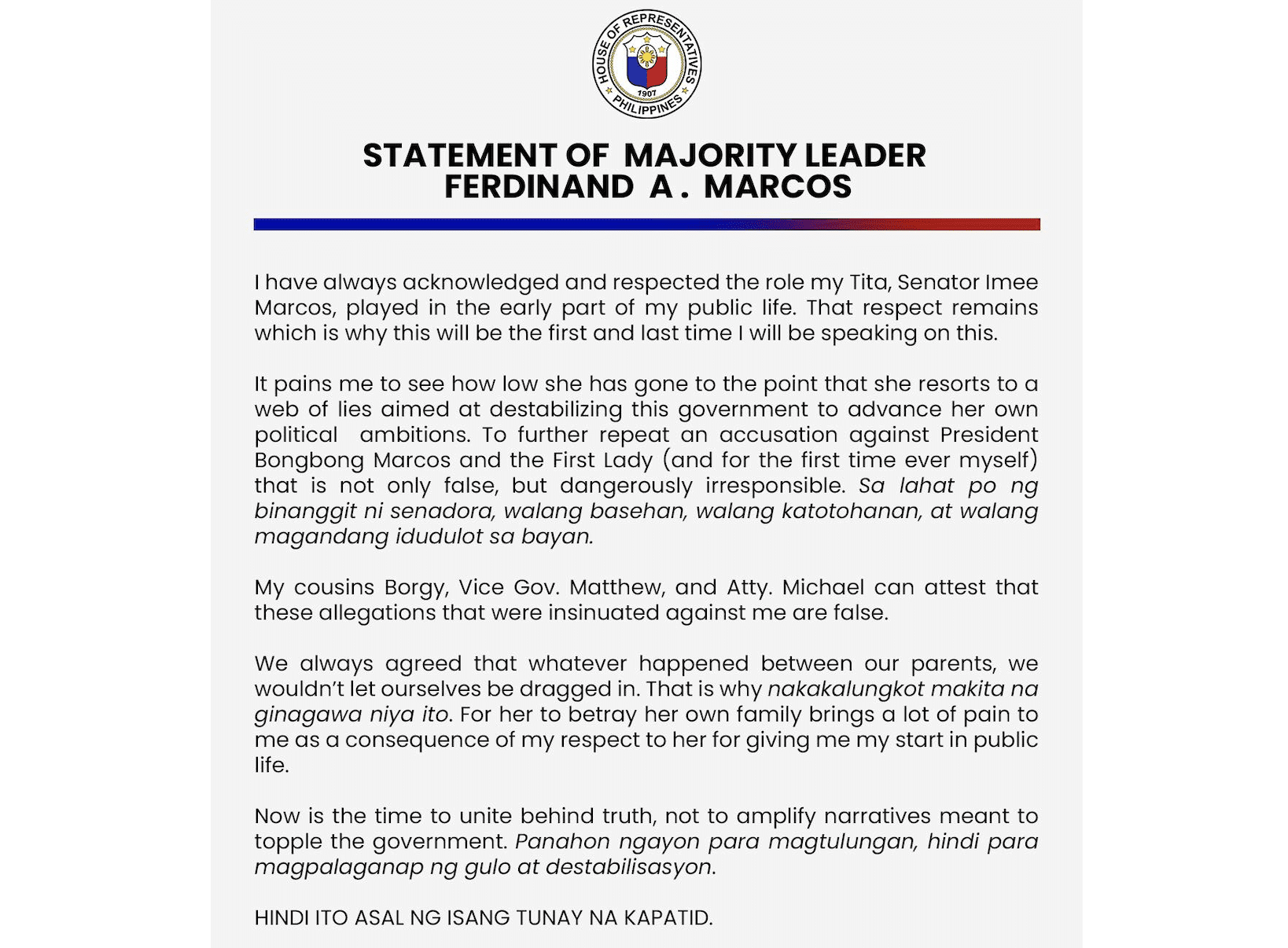 Sandro Marcos denies drug use, says Imee’s remarks ‘irresponsible’