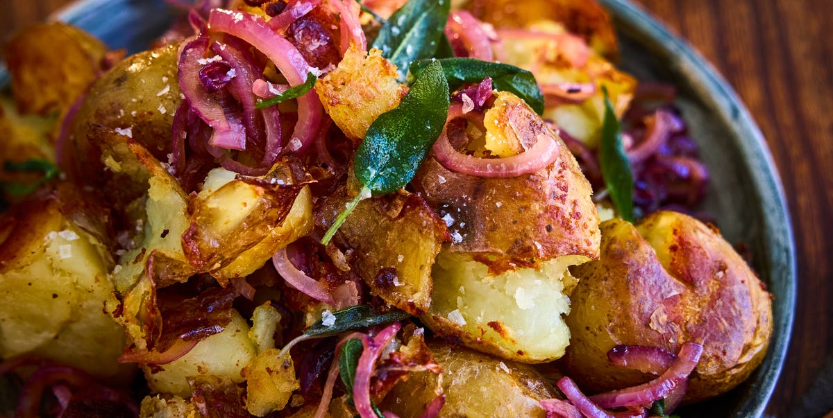 'No-peel' crunchy and caramelised smashed roast potatoes with sweet ...