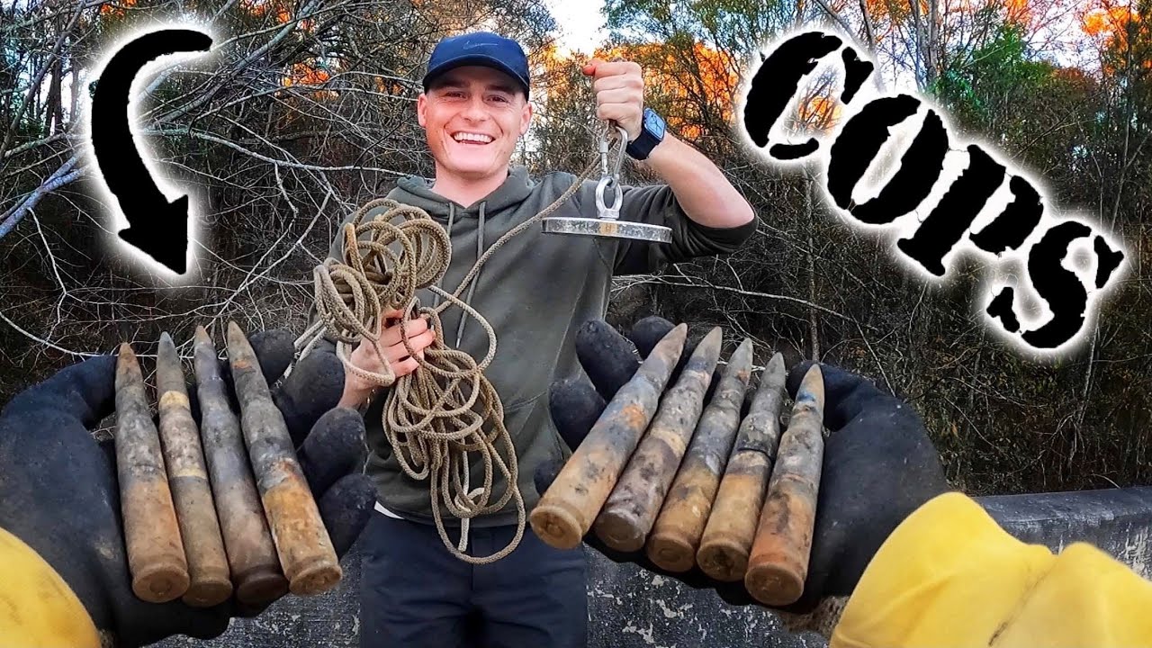 Confronted by cops! Found jewelry & sniper rifle bullets magnet fishing ...