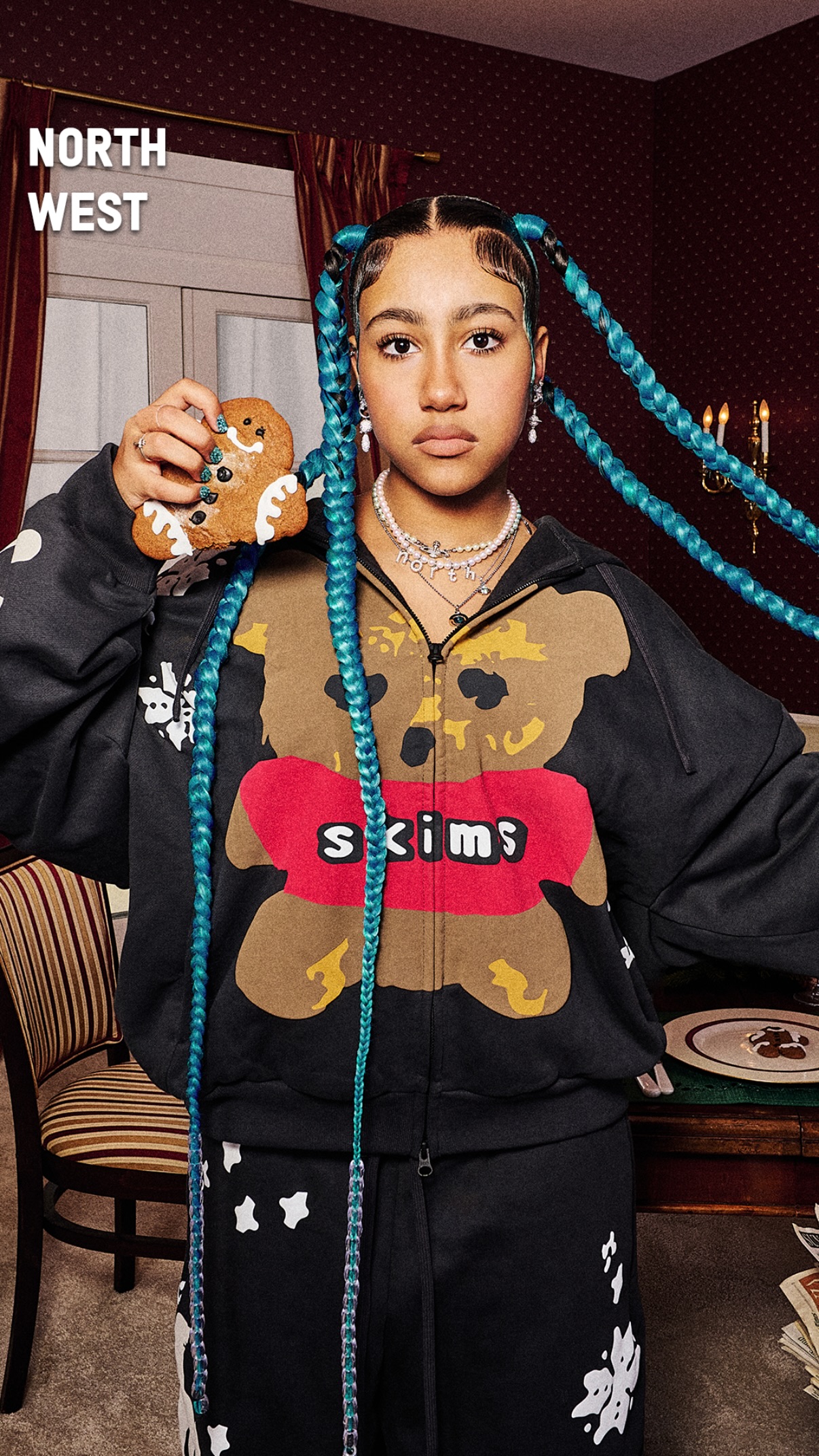 North West shows off hip-length blue braids in Skims holiday campaign