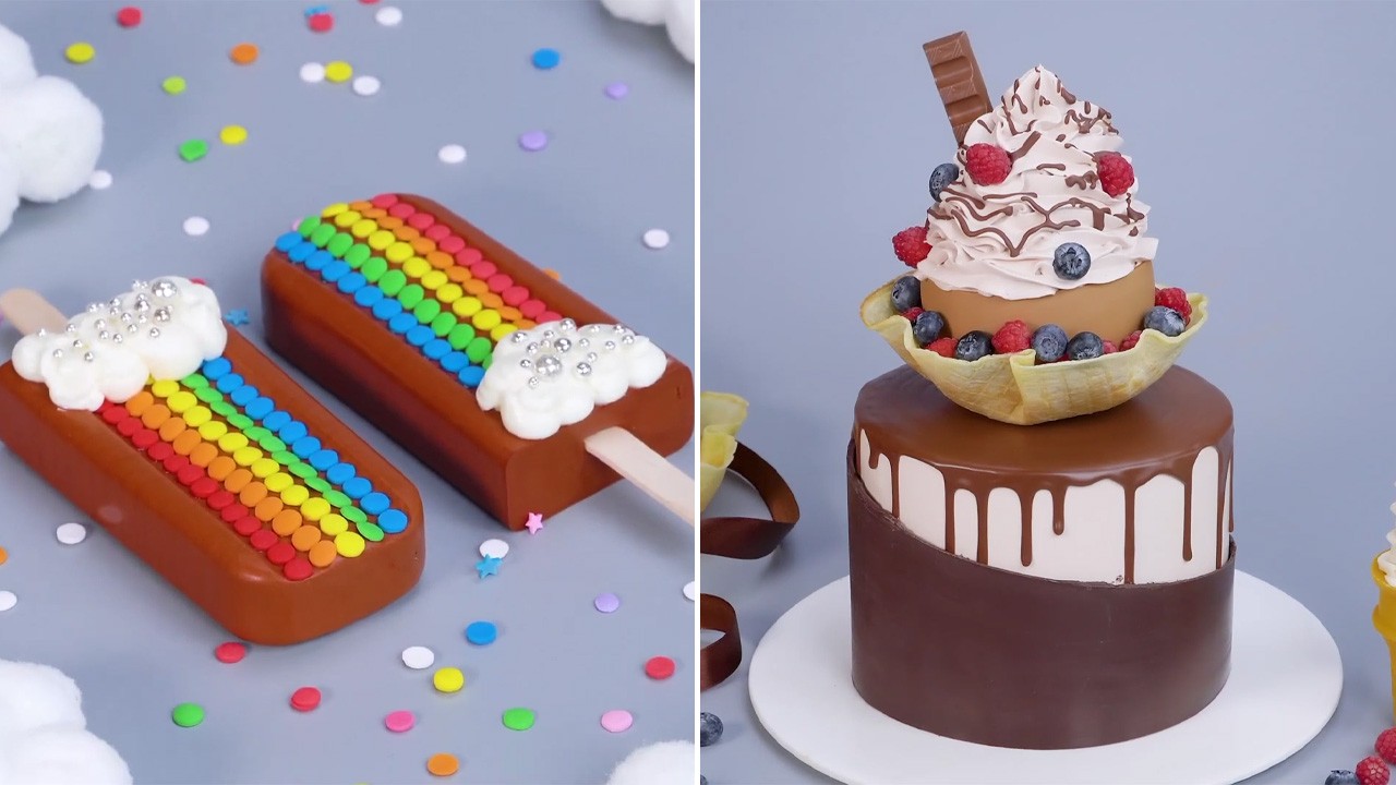 Rainbow Popsicle Treats & Chocolate Drip Celebration Cake