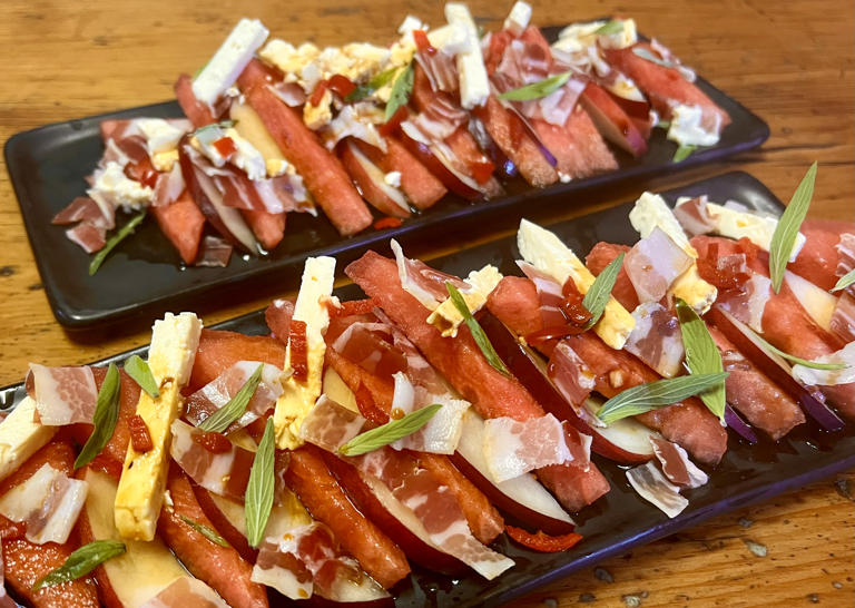 Watermelon and nectarine salad with chilli, pancetta and feta