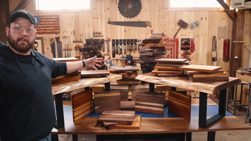 How A Man Made 100 Cutting Boards, 2 Slab Tables, & A River Table!