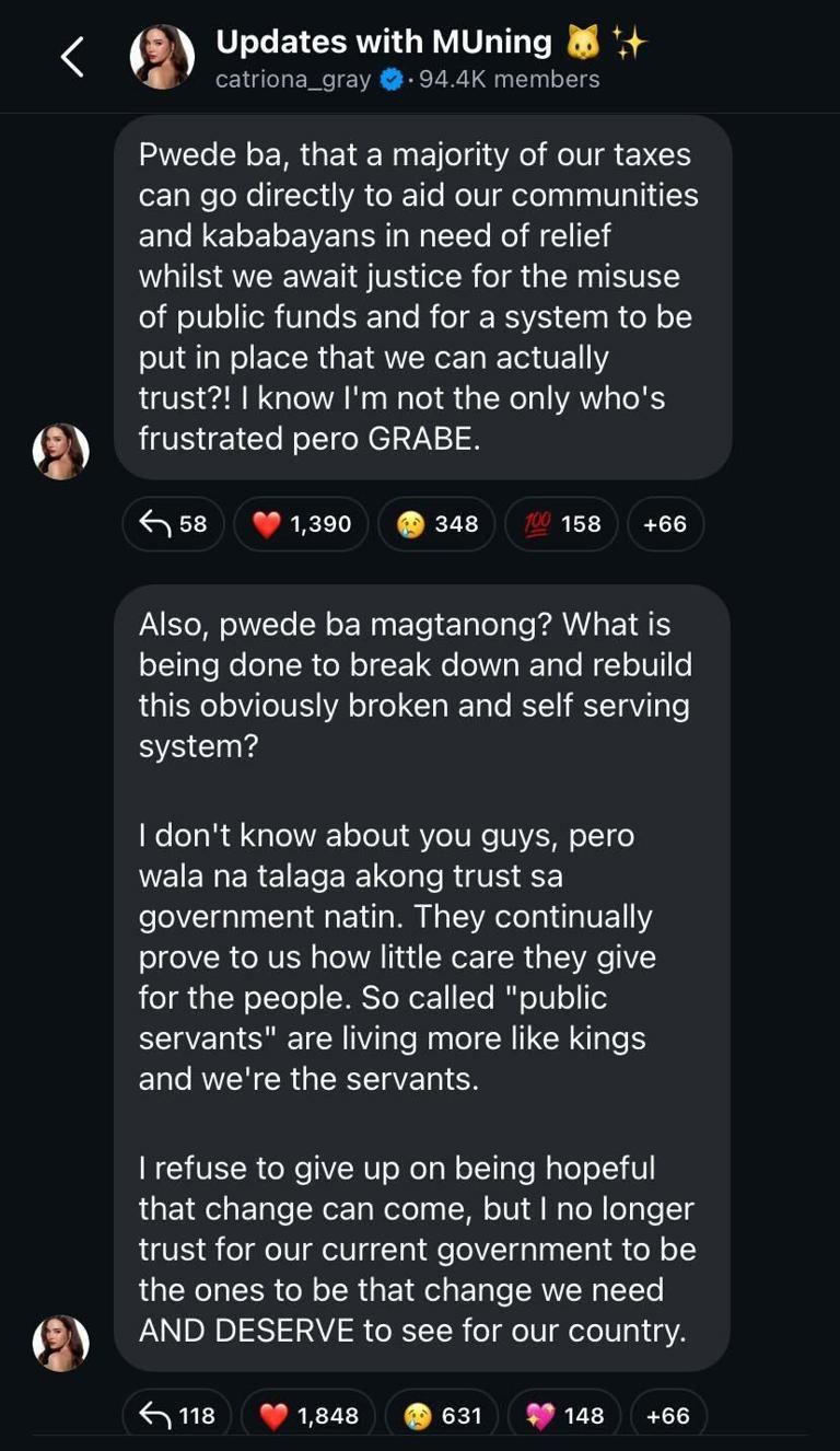 Catriona Gray expresses 'lost trust,' frustration with government