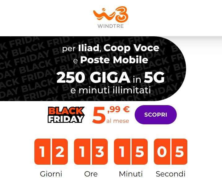 Black Friday Wind Tre: nuova offerta mobile con 250 Giga a 5,99€
