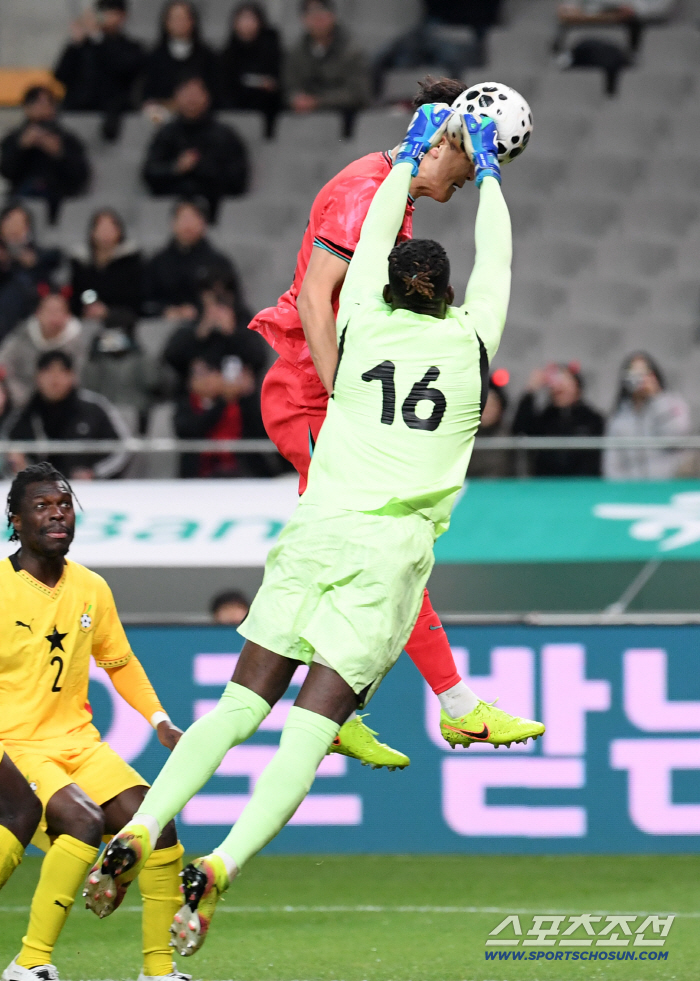 Ghana goalkeeper Asare blocks Kim Min-jae's header