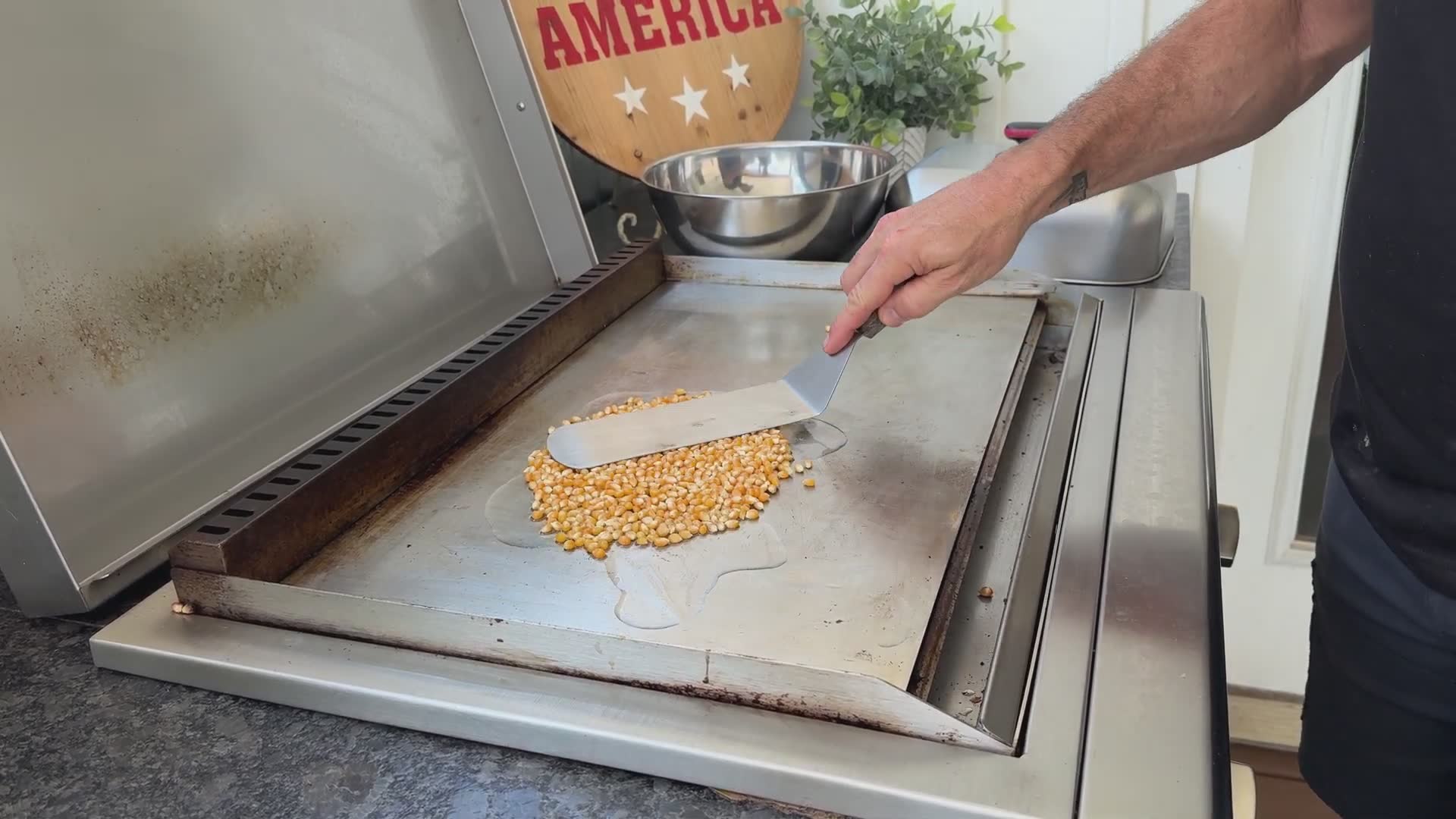 Making fresh popcorn on a flat top griddle creates unique flavor and ...