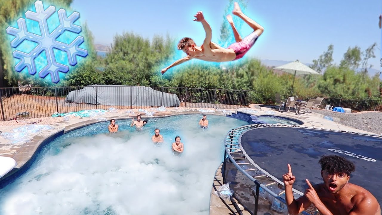 Trampoline flips plunge into a dry ice pool stunt