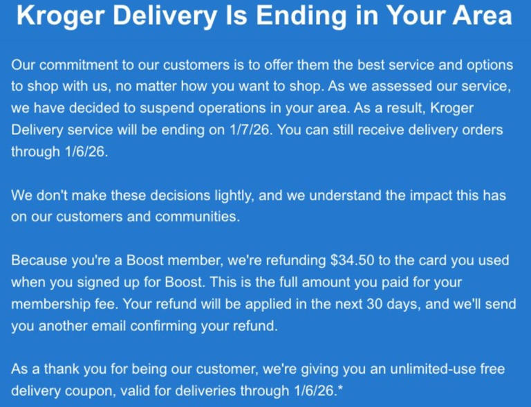 Kroger customers in Northeast Florida notified delivery services are ending
