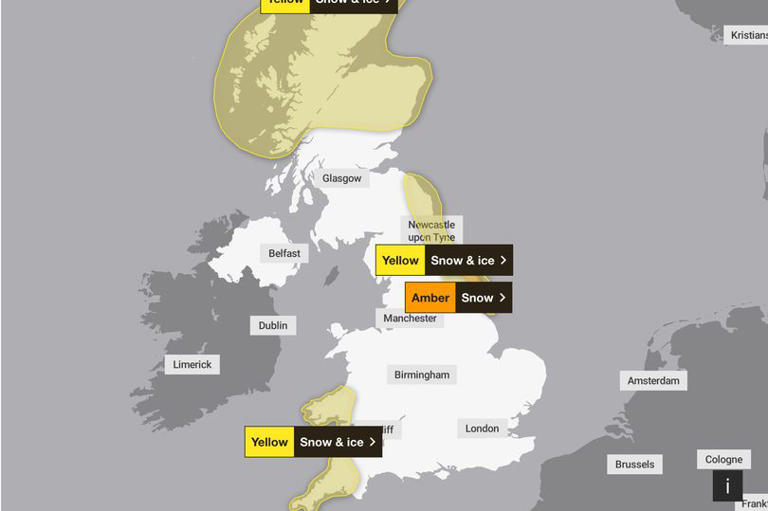 Brits to be battered with -12C cold snap and rare amber warning - what ...