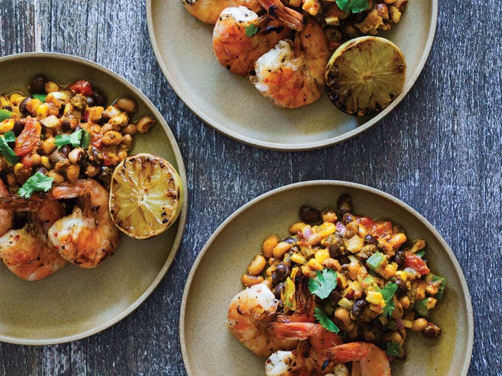 Jalapeño-Honey Grilled Shrimp with Fire-Roasted Chipotle Cowboy Caviar ...