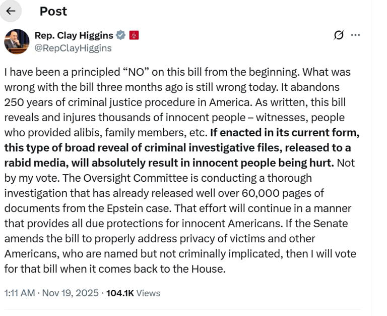 Why did Clay Higgins vote 'nay' on releasing the Epstein Files ...