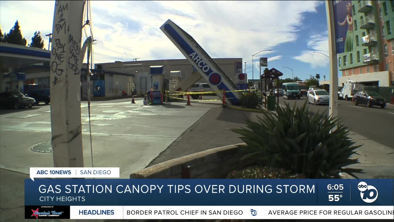 Gas station canopy falls over during recent storm
