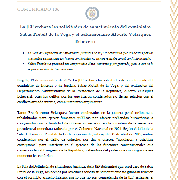JEP rechaza solicitudes de sometimiento del exministro Pretelt y el ...