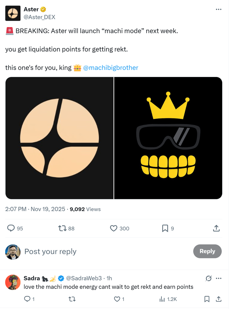 Aster drops ‘Machi mode’ to reward getting rekt as Machi leads liquidations