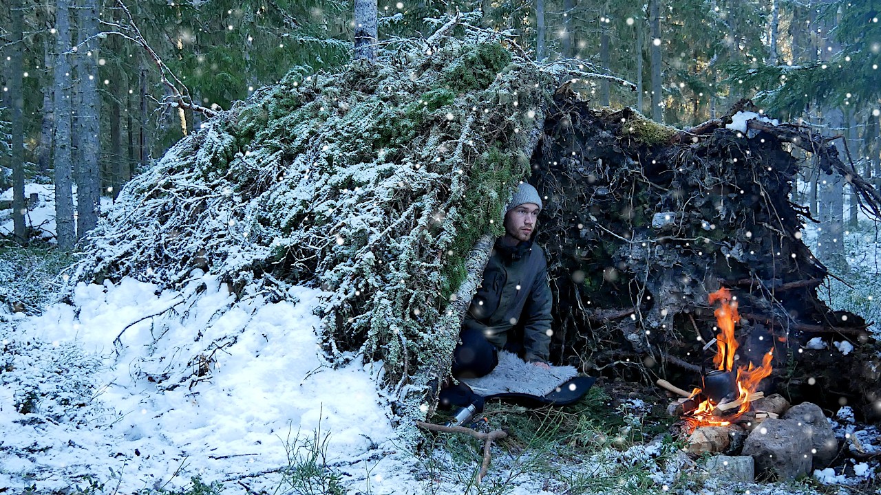 Survival: Creating the Best Shelter Under a Fallen Tree in the Snow