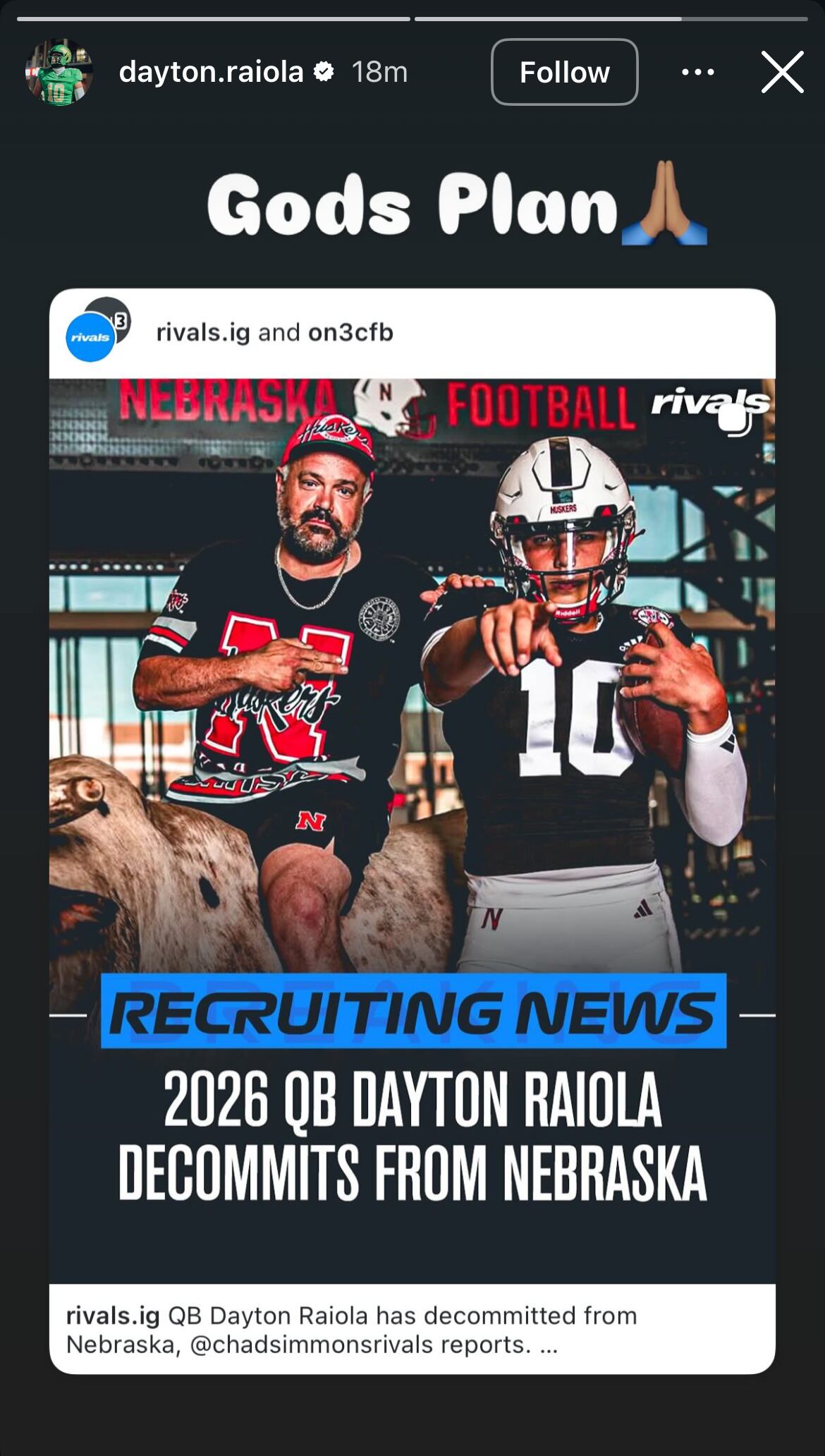 Dayton Raiola, brother of Huskers starting QB Dylan Raiola, decommits ...