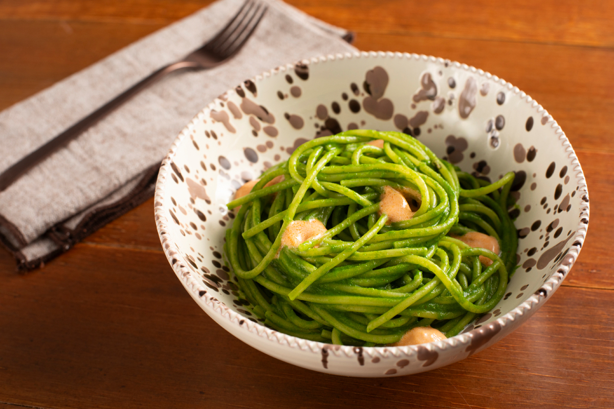 Spaghetti with turnip greens cream, nduja, and stracciatella