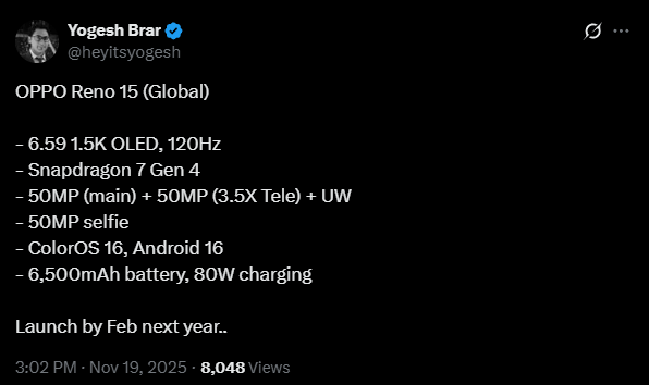 Oppo Reno 15 Global Model May Drop 200MP Camera for New Triple-Sensor Setup