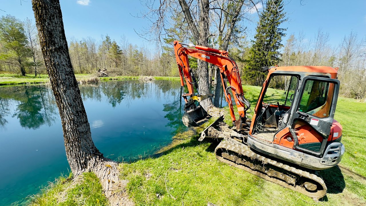Kubota mini excavator pond cleanup and landscaping