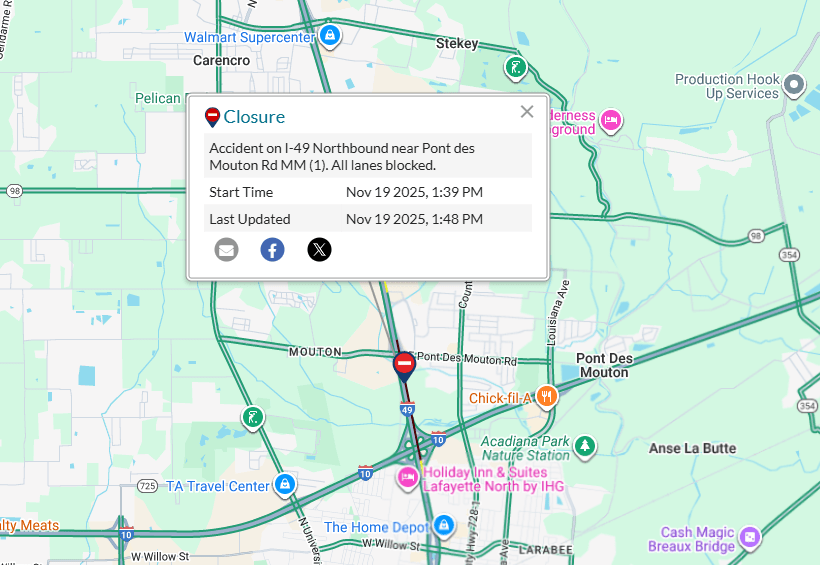 Northbound I-49 reopened following crash involving sugar cane truck