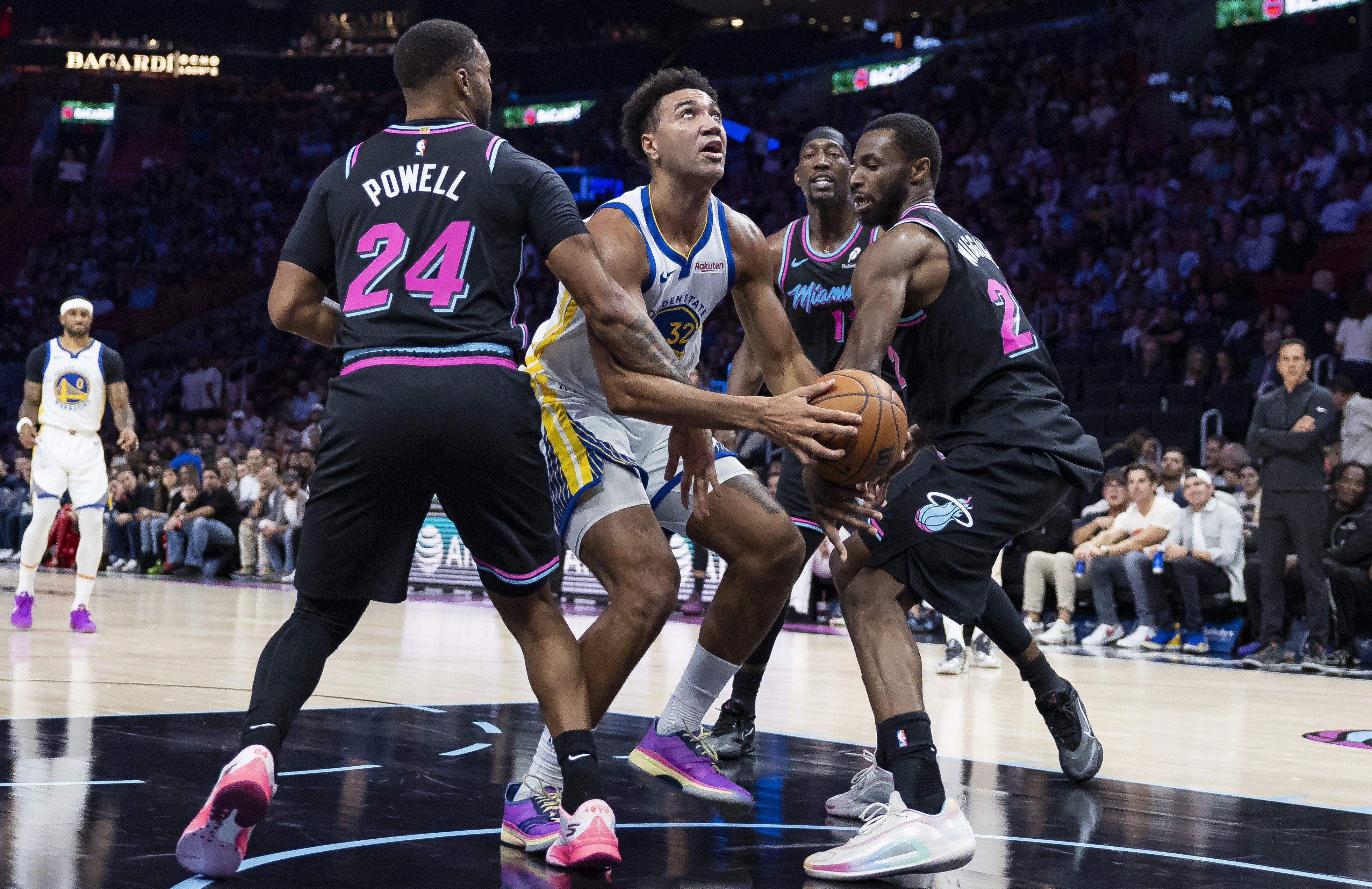 Heat overcomes sluggish start with strong finish to get win over short-handed Warriors. Takeaways