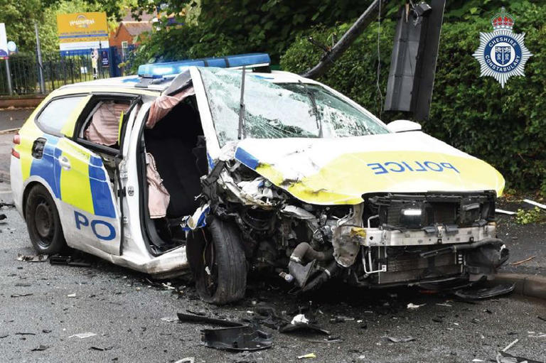 Watch shocking moment driver deliberately crashes head-on into police car