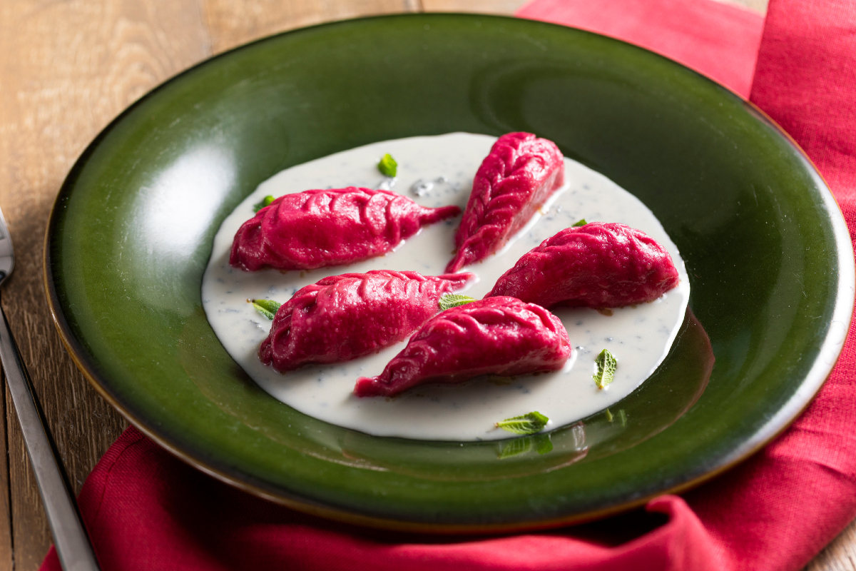 Beetroot Culurgiones with Potatoes and Blue Cheese Sauce