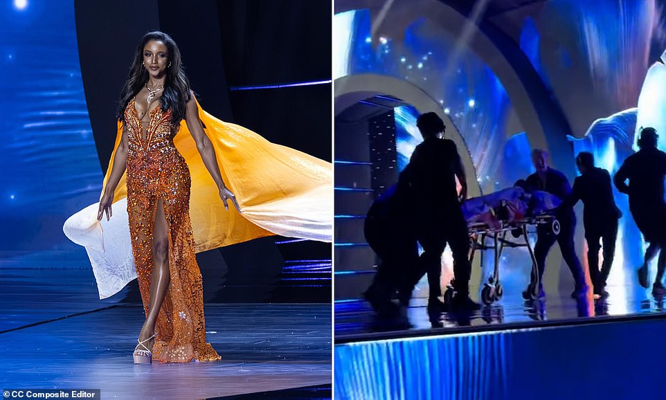 Miss Jamaica is rushed to hospital after falling off stage
