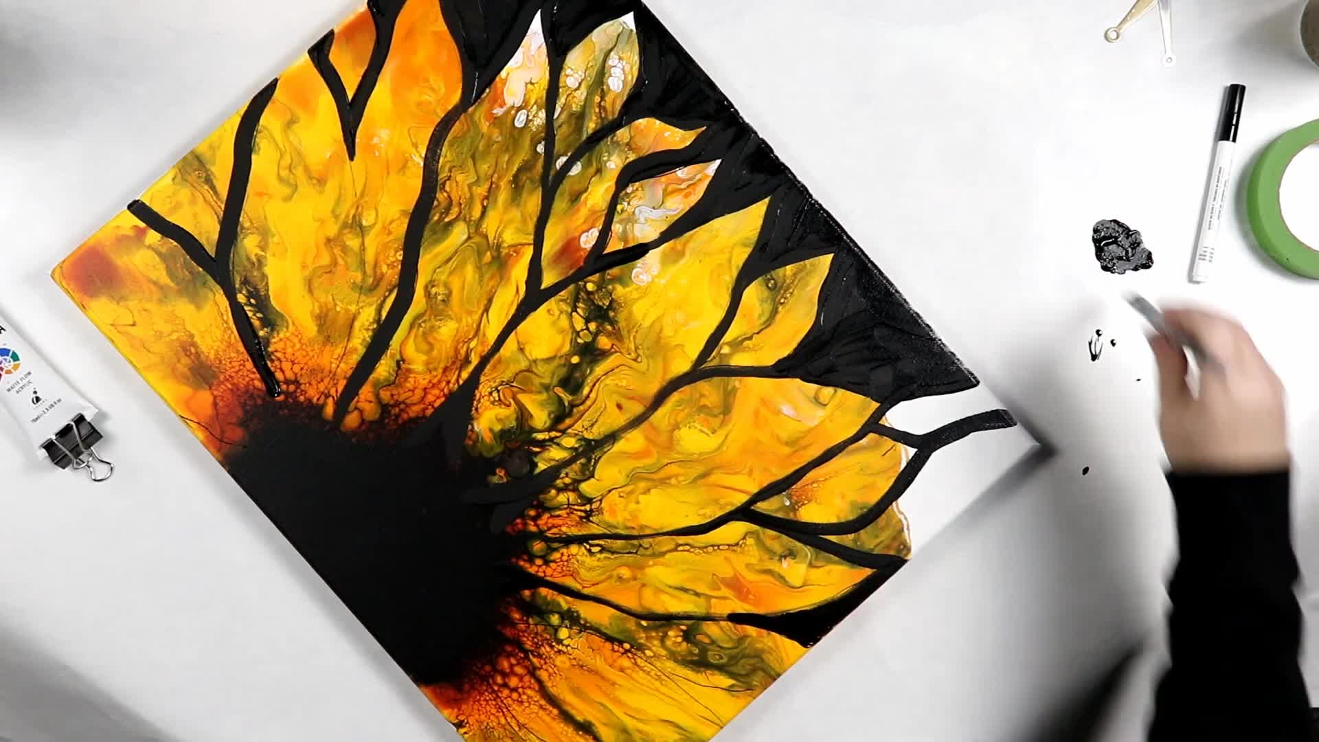 Stunning Sunflower Dutch Pour Silhouette – Acrylic Pouring Technique