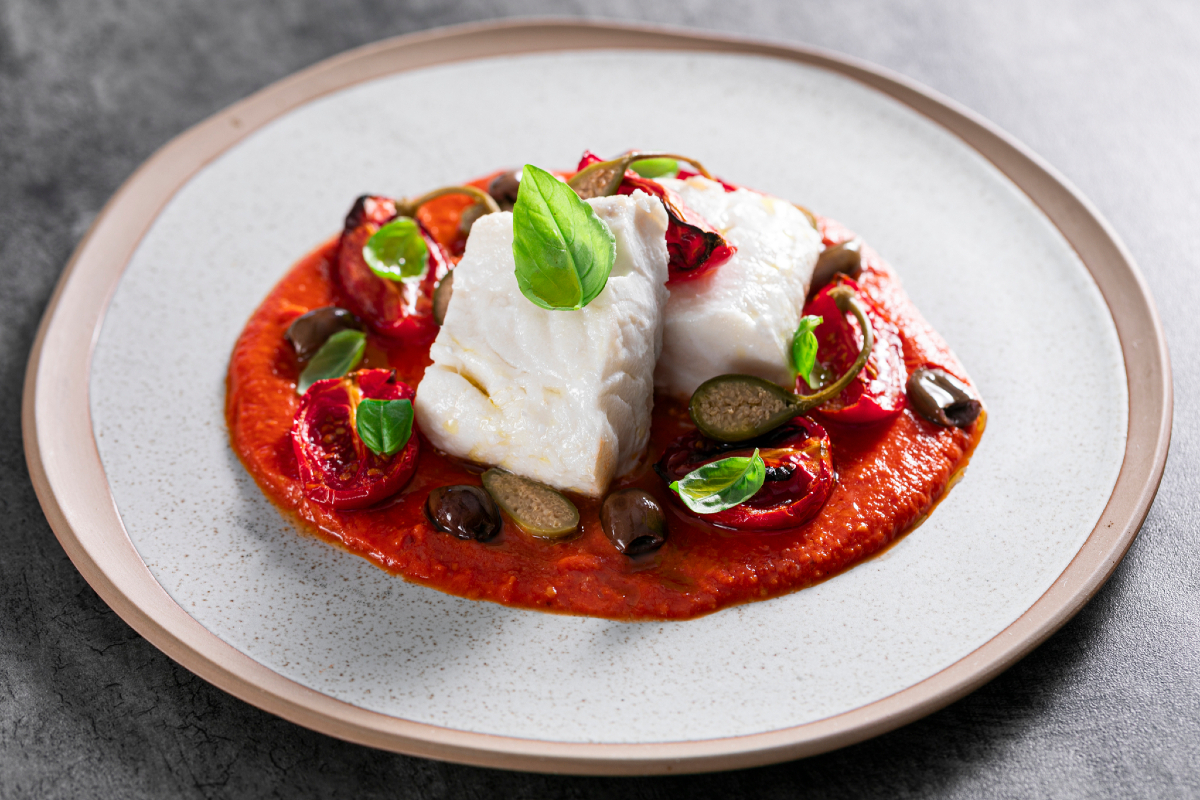Steamed Cod Fillet with Tomatoes and Caper Berries
