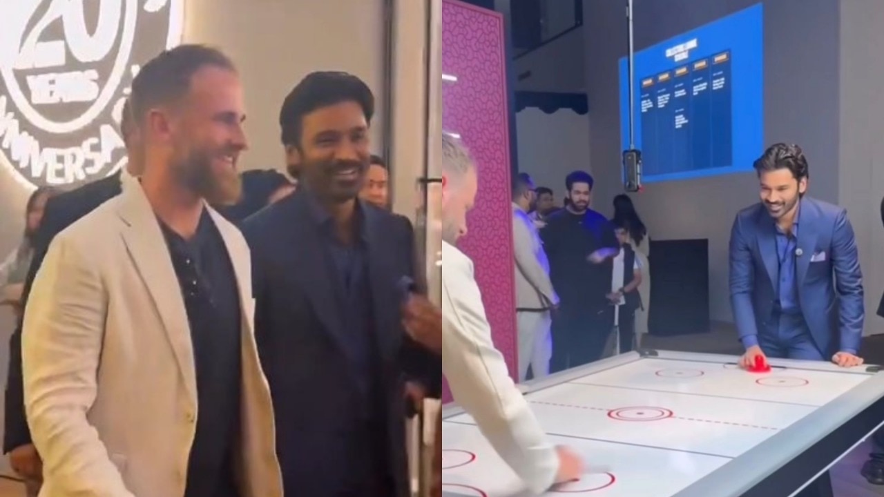 Dhanush and cricketer Kane Williamson play air hockey at Dubai Watch ...