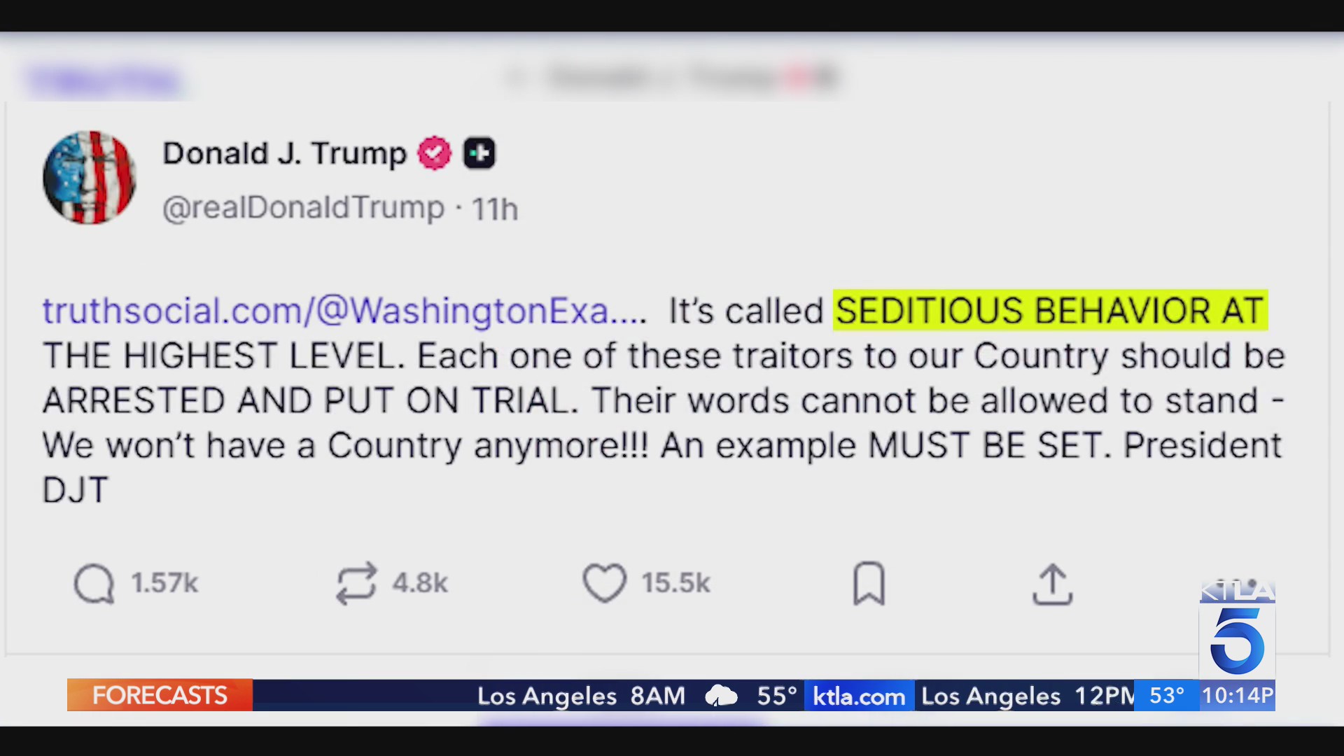 Trump says Democrats behavior seditious, punishable by death