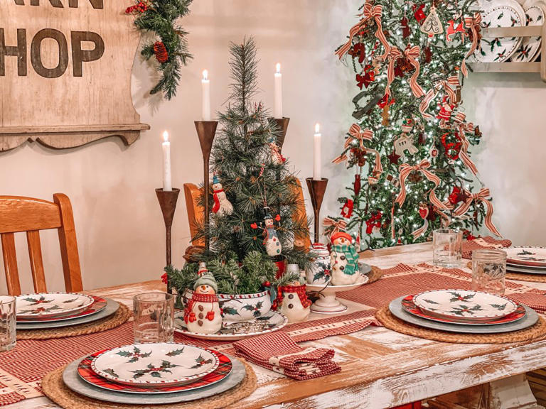 How to Set a Cozy Christmas Tablescape with Plaid & Holly Dishes